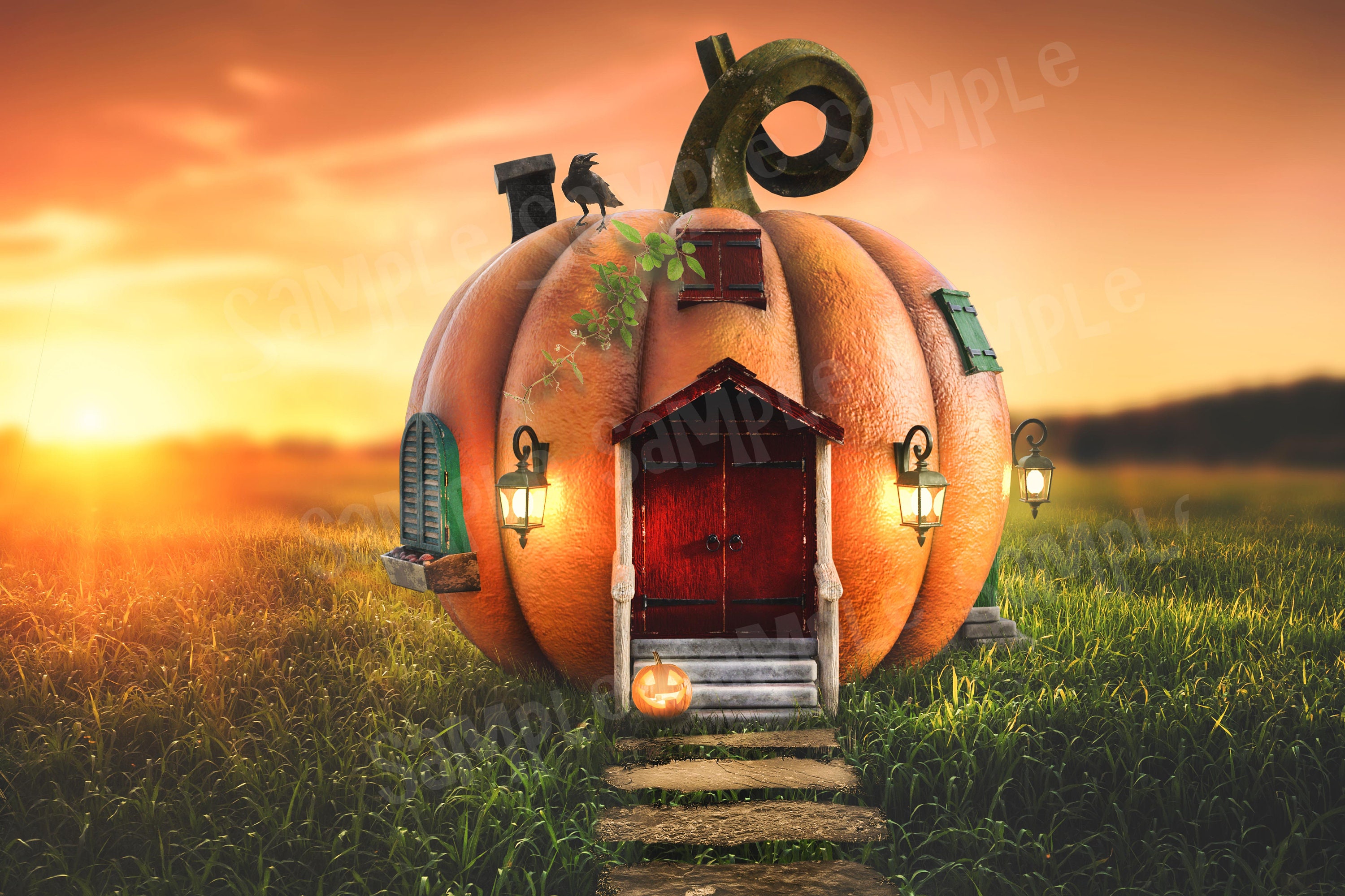 Halloween Backdrop, Pumpkin House, Pumpkin Background, Digital ...