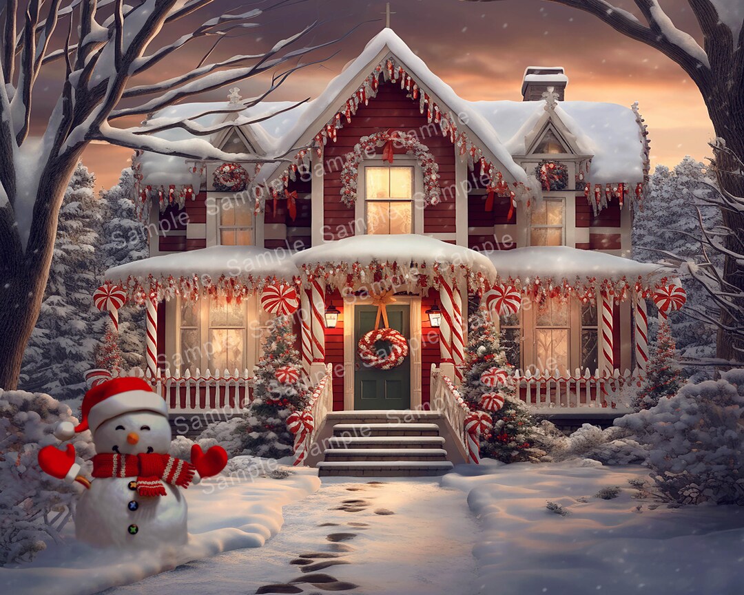 Holiday Background, Candy Cane House Backdrop, Photo Backdrop to Add ...