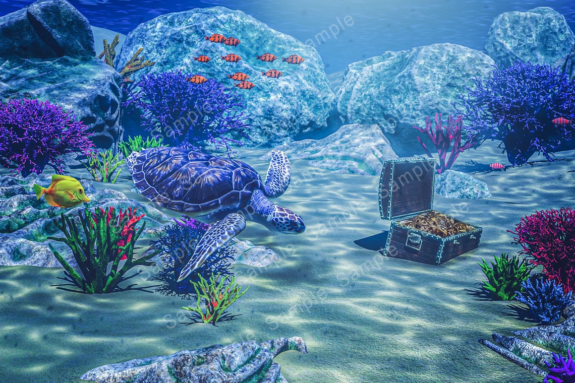 Sea Turtle Underwater Scene Backdrop, Ocean Photography (digital ...
