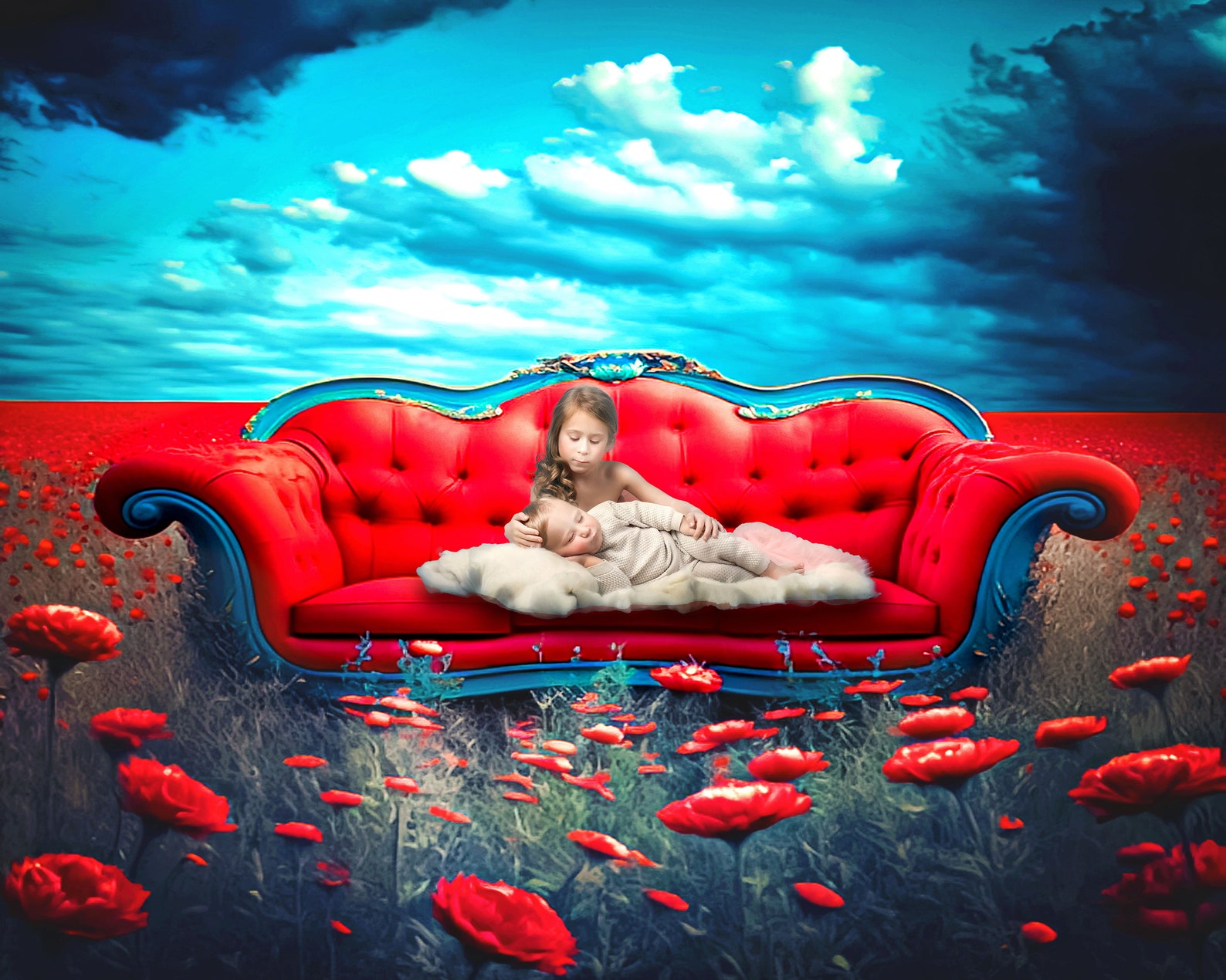 Red Vintage Couch in Flower Field, Photoshop Backdrop (digital Download ...
