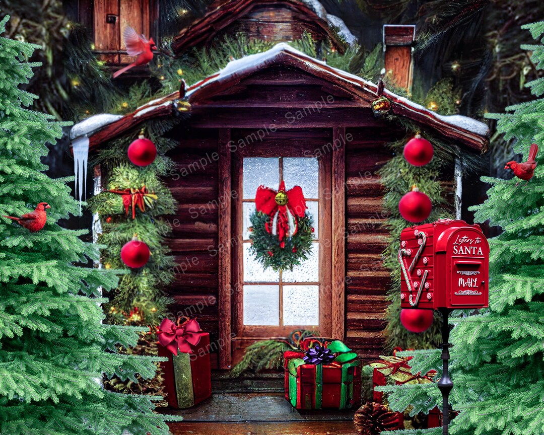 Santa's Cabin Christmas Backdrop, Holiday Photography Background ...