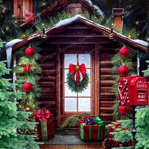 Santa's Cabin Christmas Backdrop, Holiday Photography Background ...