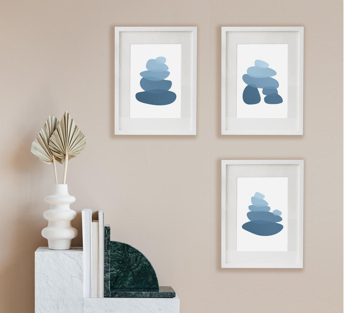 Stacked Stones Art Set of Three Relaxing Blue Wall Print Zen - Etsy
