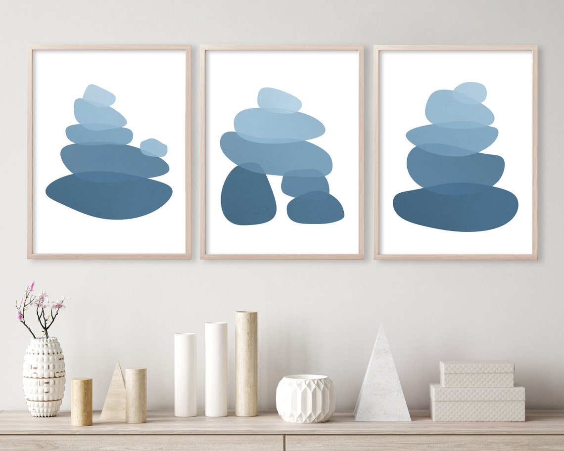 Stacked Stones Art Set of Three Relaxing Blue Wall Print Zen - Etsy