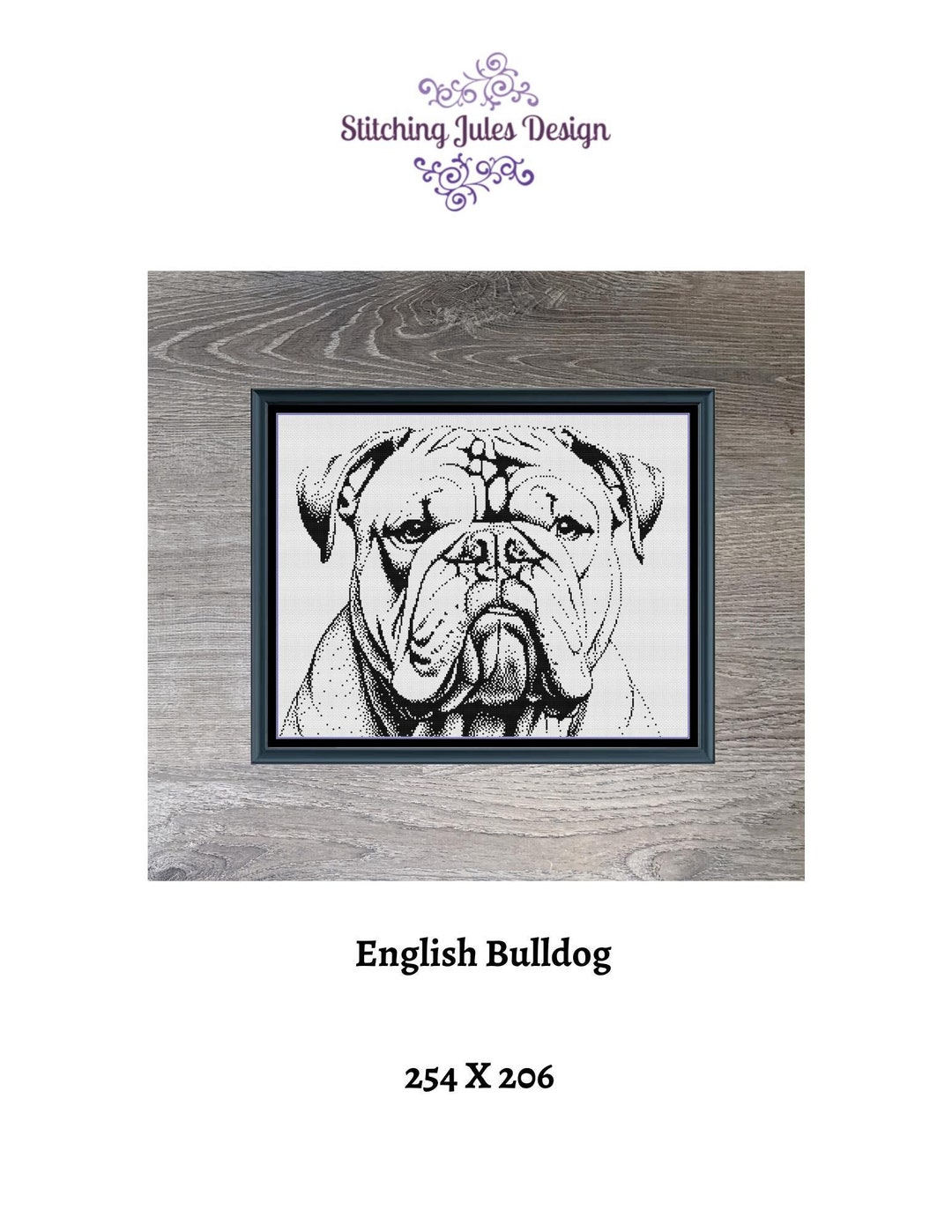 English Bulldog Dog Portait Monochrome Blackwork Counted Cross-stitch ...