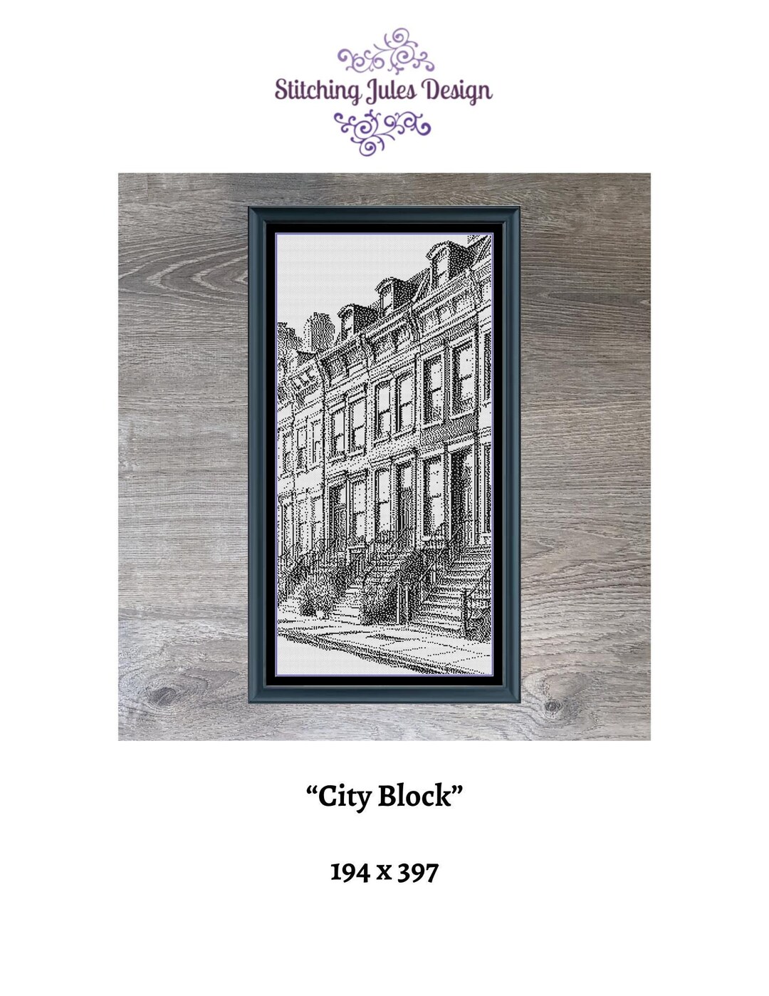 City Block Brownstone House Monochrome Counted Cross Stitch Pattern ...