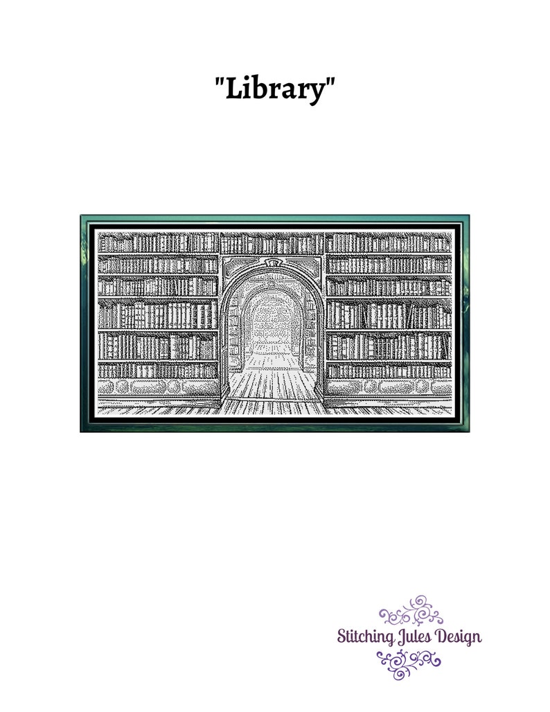 Library Monochrome Cross Stitch Needlepoint Embroidery Pattern ...