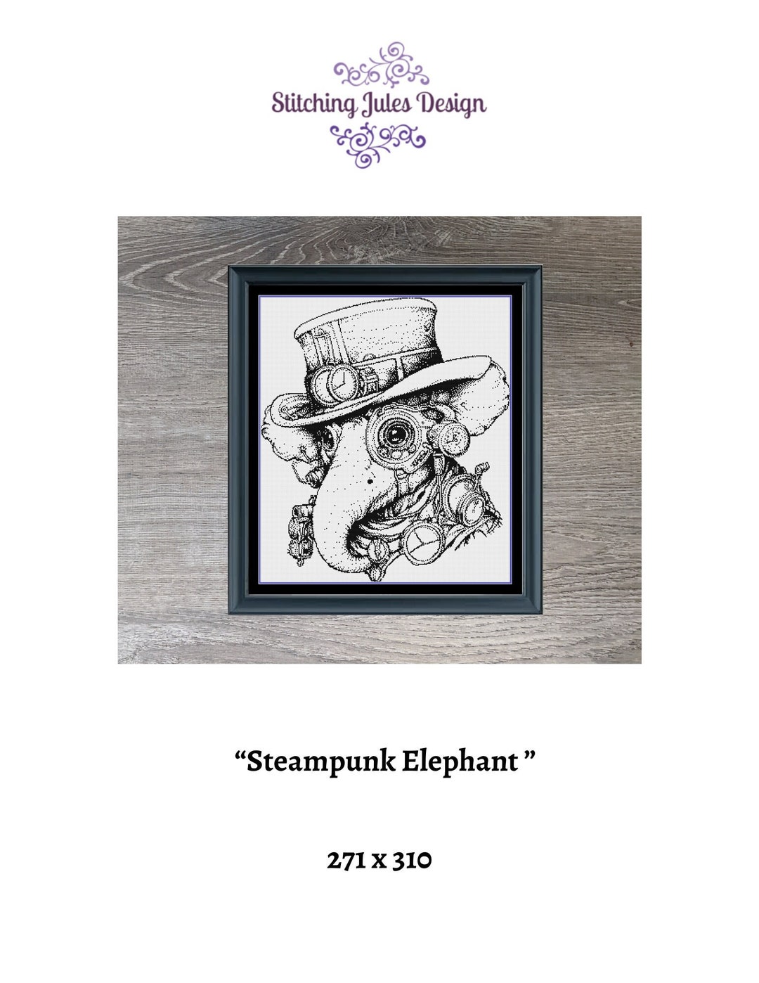 Steampunk Elephant Counted Cross Stitch Pattern | Monochrome Blackwork ...