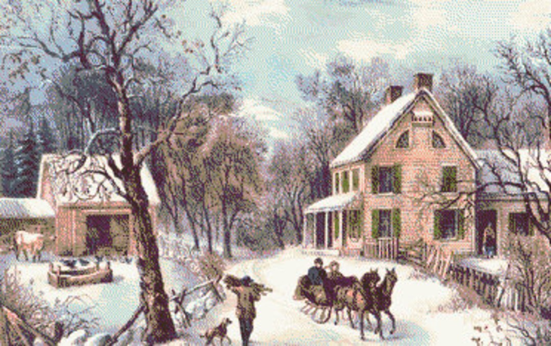 Winter Sleigh Ride Illustrated Vintage Cross Stitch Pattern Instant PDF ...