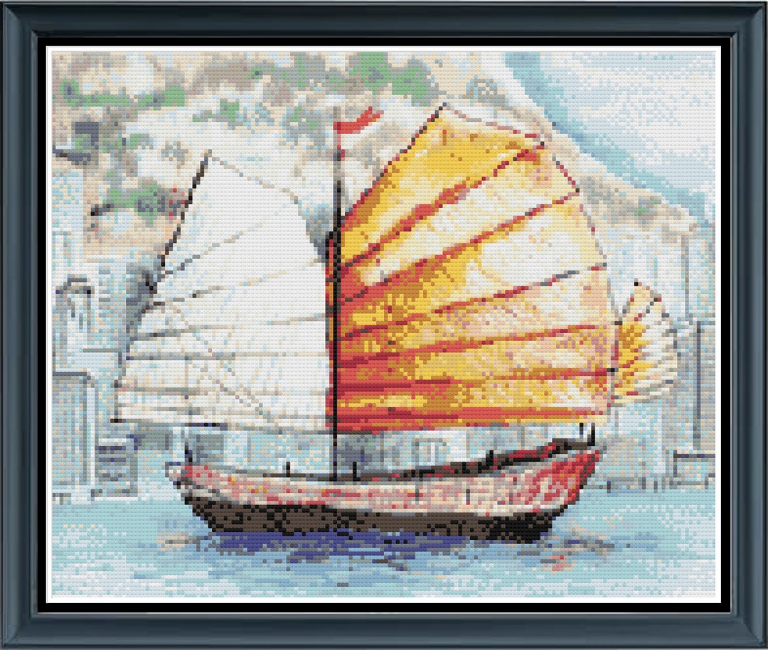 Asian Sailing Ship Town River Cross Stitch Embroidery Needlepoint ...