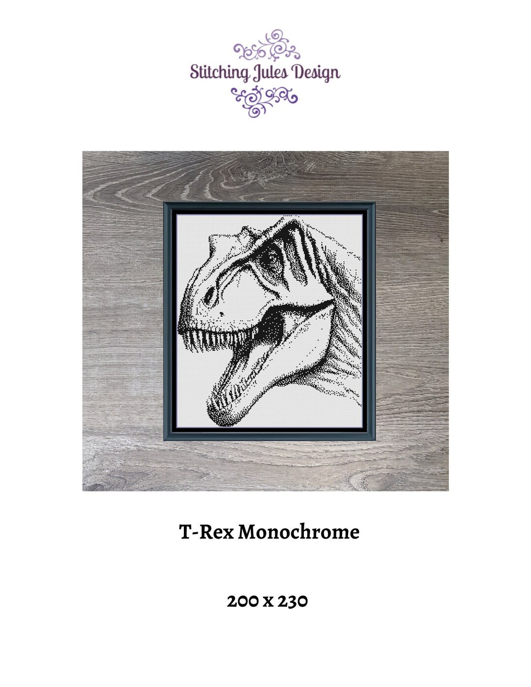 Dinosaur T-rex Monochrome Cross-stitch Pattern (instant Download PDF ...