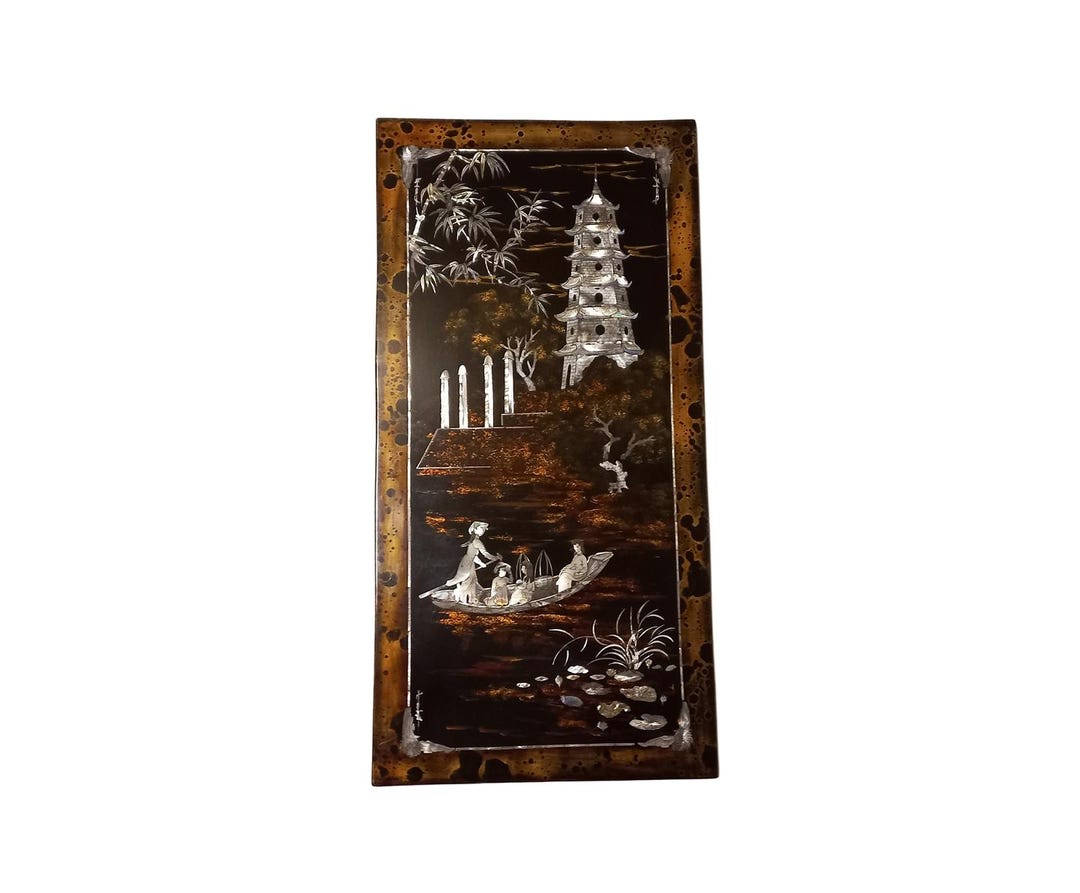 Vintage Oriental Boat Inlaid Mother of Pearl Wall Panel 40cm X 80cm ...
