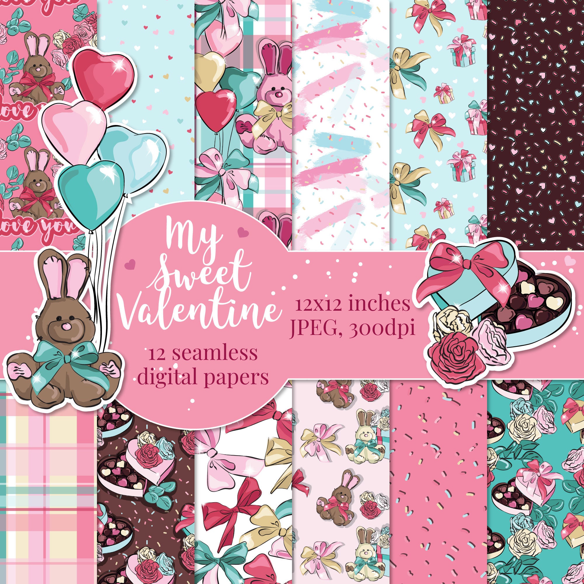 My Sweet Valentine Digital Paper, Valentine Seamless Pattern, Bunny ...