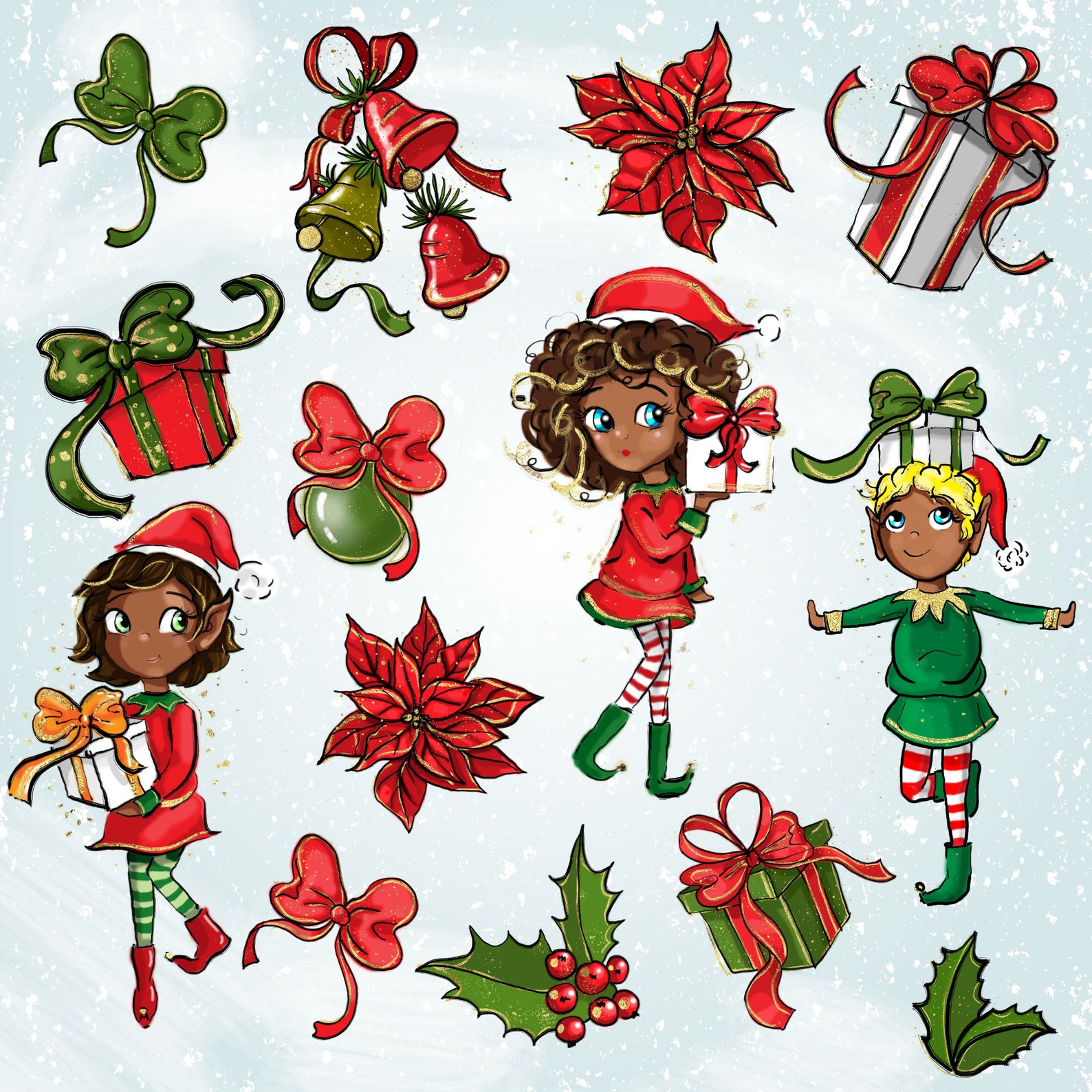 Cute Elves With African American Skin Tone, Cute Christmas Clipart ...