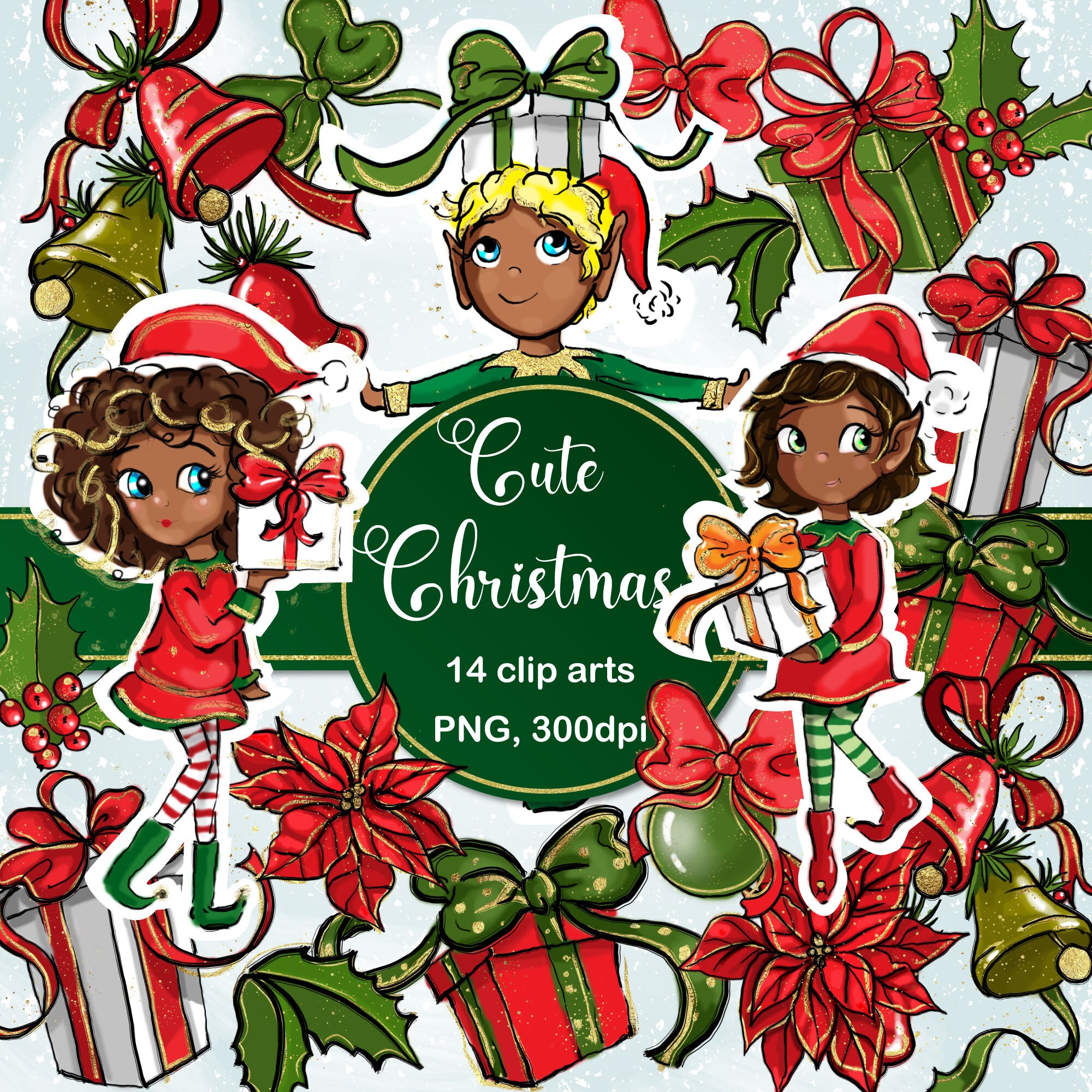 Cute Elves With African American Skin Tone, Cute Christmas Clipart ...