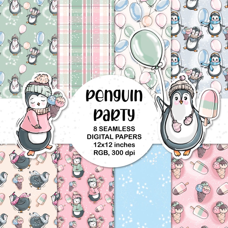 Cute Penguins Digital Paper, Penguins Seamless Pattern, Hand-drawn ...