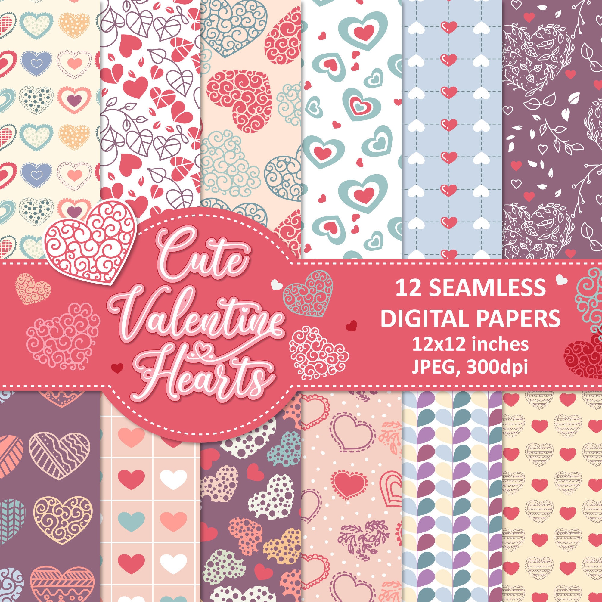 Cute Valentine Digital Paper, Valentine Seamless Pattern, Hearts ...