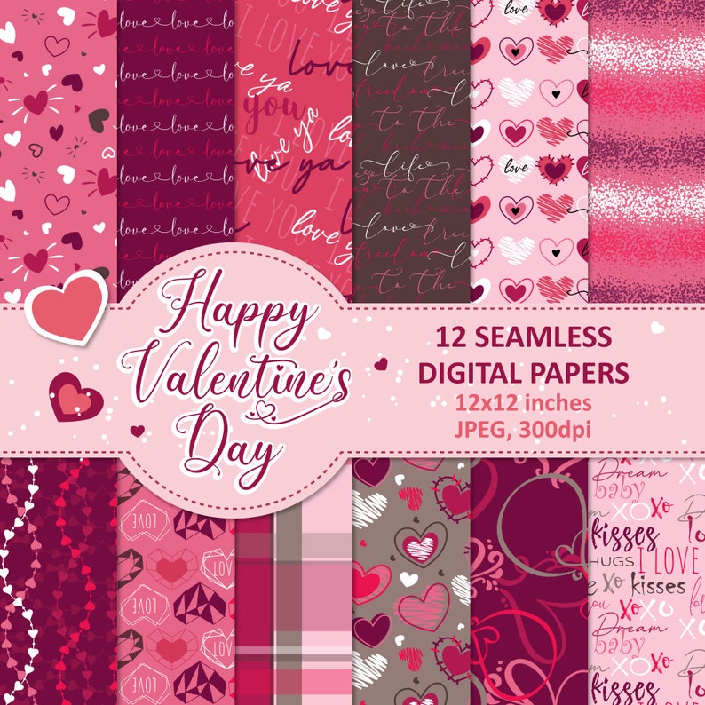 Happy Valentine's Day Digital Paper, Valentine Seamless Pattern, Hearts ...