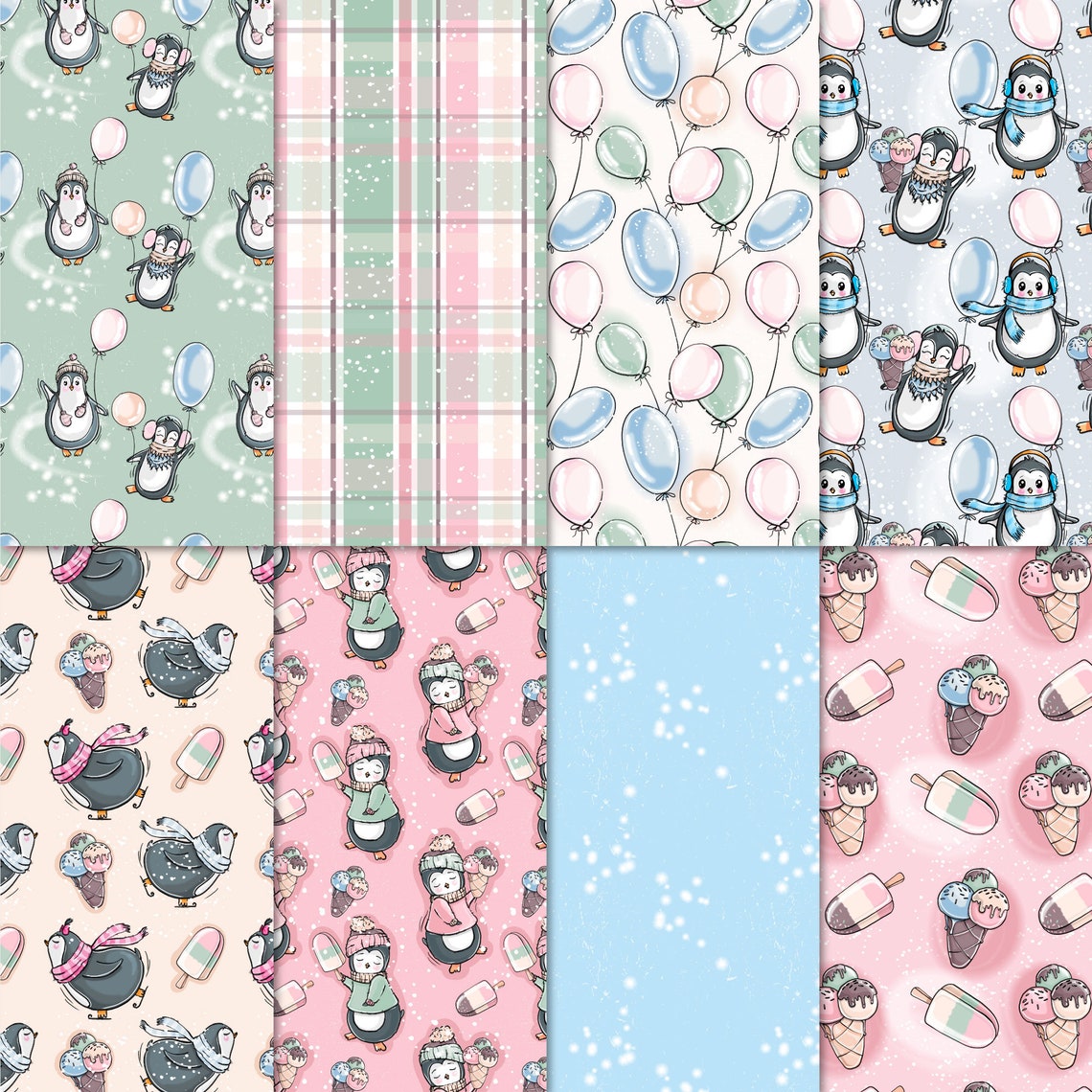 Cute Penguins Digital Paper, Penguins Seamless Pattern, Hand-drawn ...