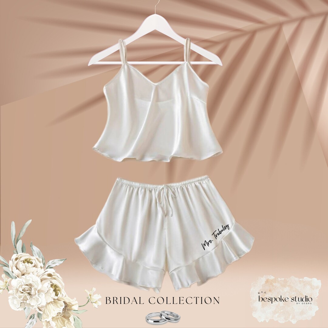 Bridal Ruffle Satin Pajamas Set With Customizable Last Name - Etsy