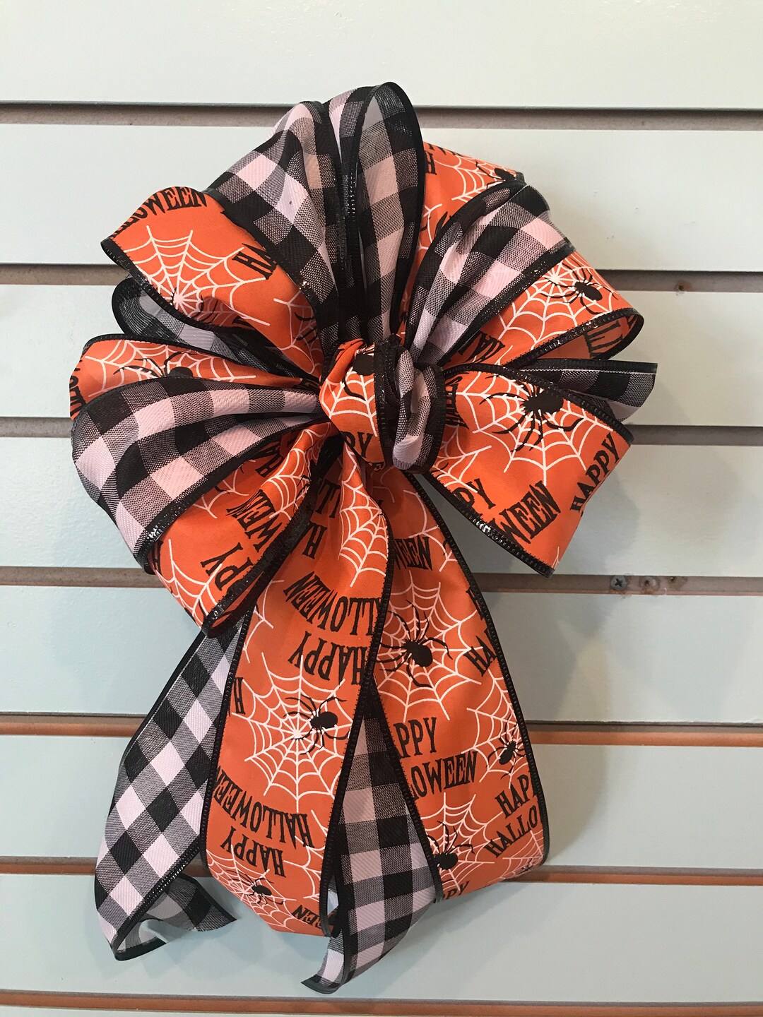Halloween Bow, Black Plaid, Spider Web, Wreath Bow, Decor Bow, Wired ...