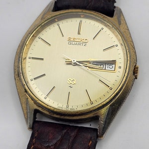 Seiko 7123-8469 Day Date Gold Tone Case Dial Leather Strap Running - Etsy
