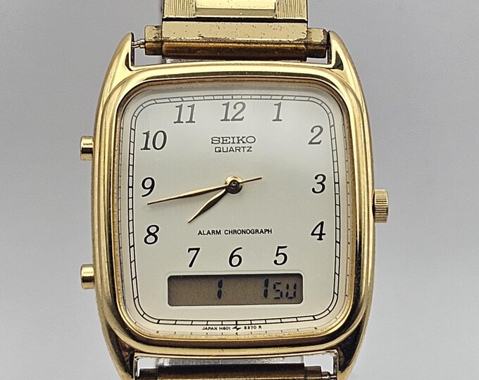 A Beautiful Vintage Seiko Analog Digital Gold Tone Tank Men's Watch Rectangle, REF H601-5430 ...
