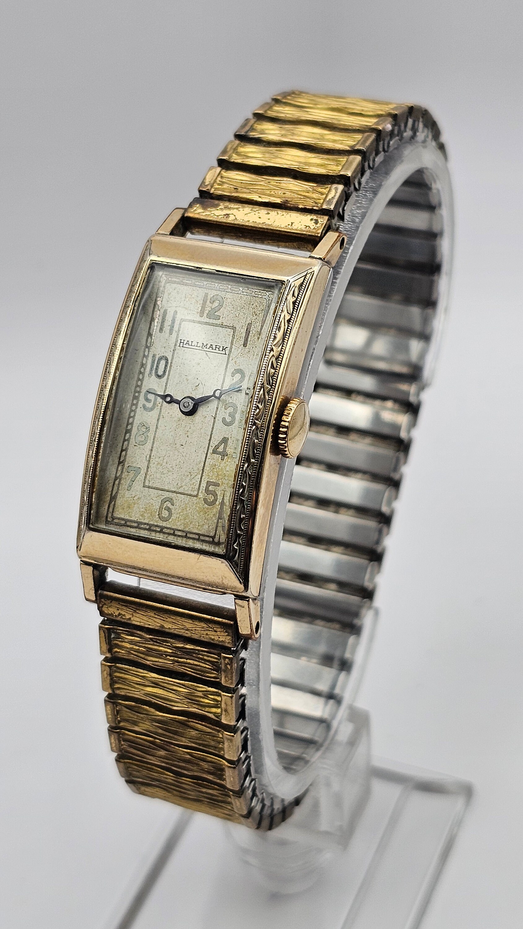 Rare Vintage Hallmark Art Deco Tank Watch. 1940's Gold Tone Curved Case ...