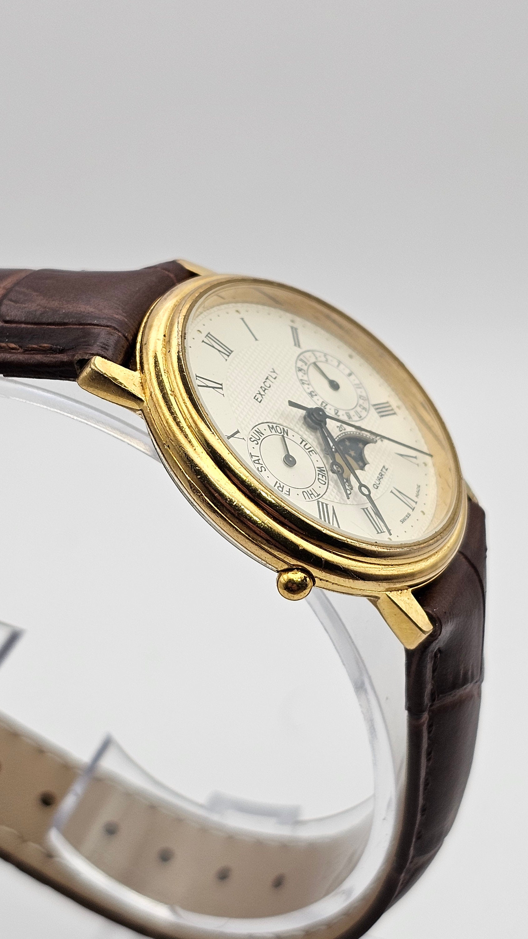 Rare Vintage Exactly Moon Phase Swiss Made Wrist Watch, 14K Gold Plated ...