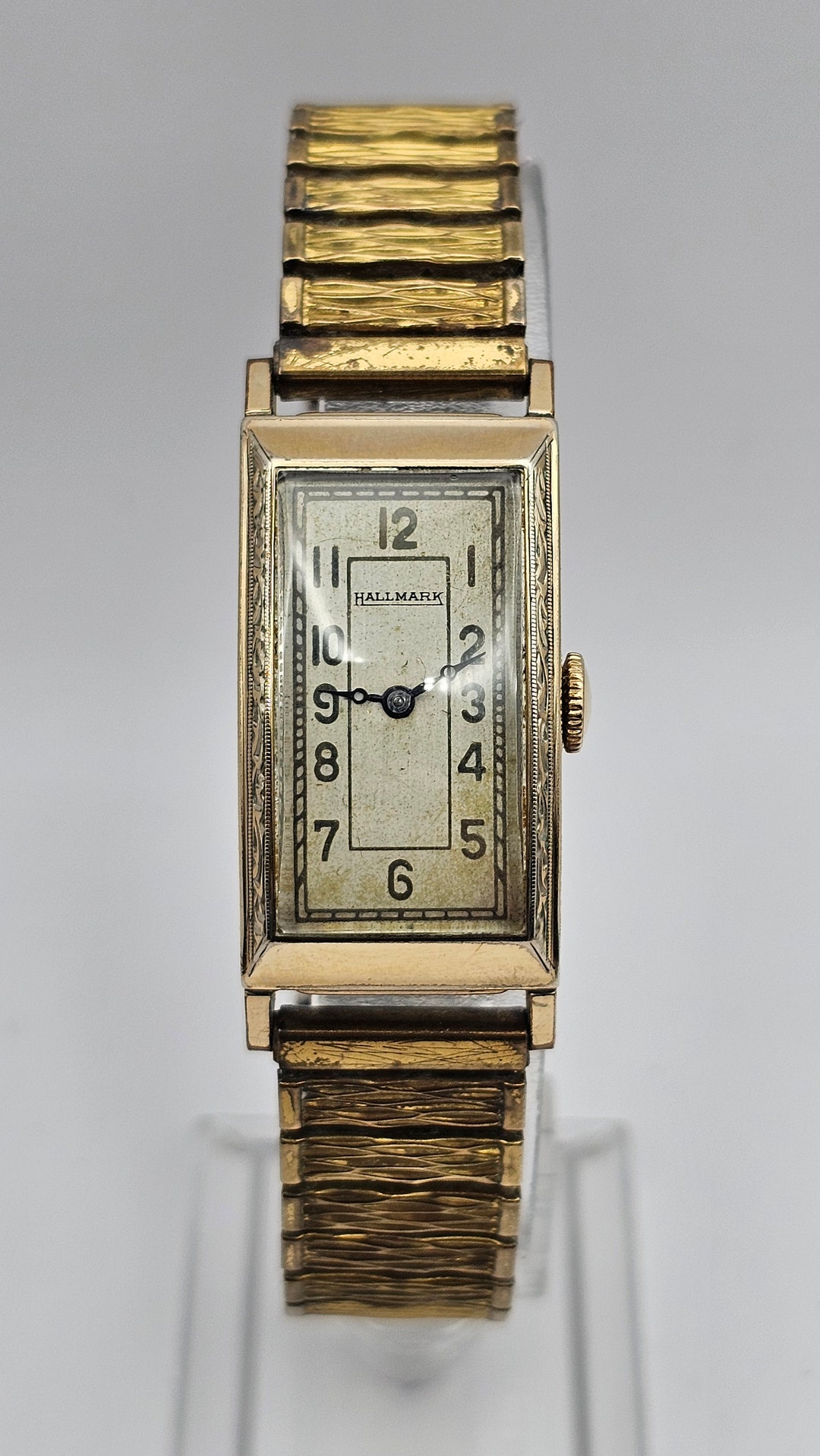 Rare Vintage Hallmark Art Deco Tank Watch. 1940's Gold Tone Curved Case ...