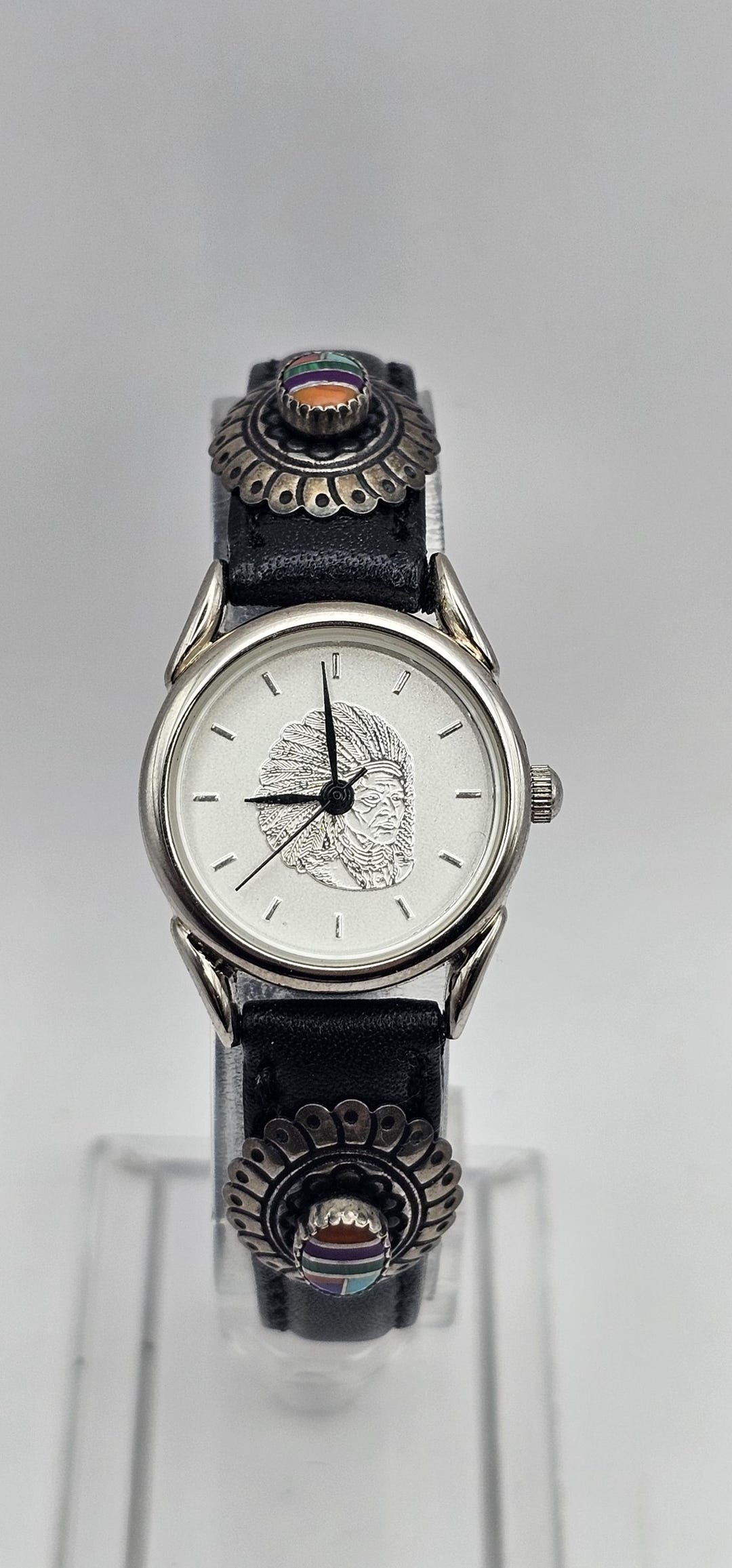 Vintage American Indian Watch Ladies, Silver Tone, Leather Black Strap ...