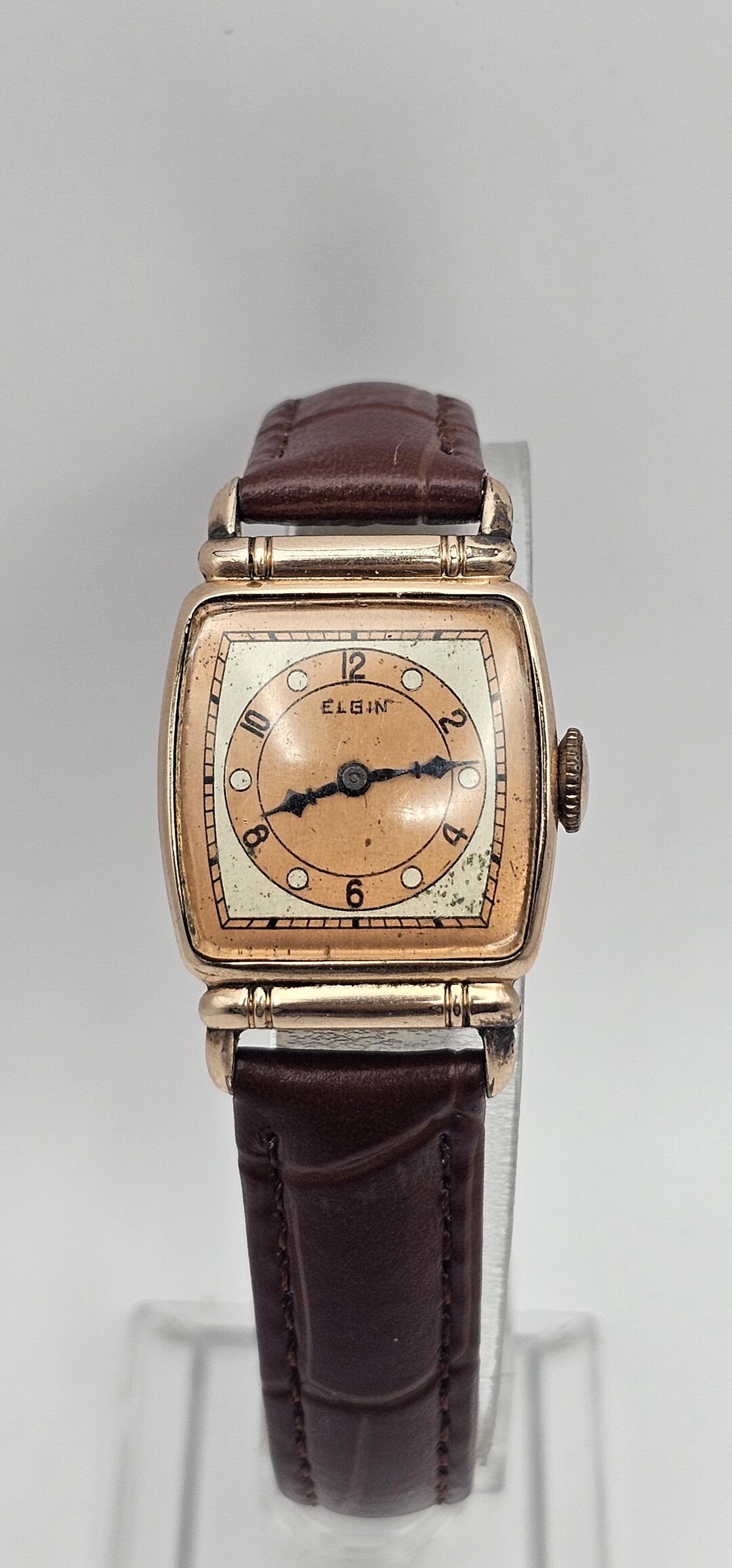 Vintage Beautiful Elgin Ladies Tank Watch, Gold 10K RGP, Brown Leather ...