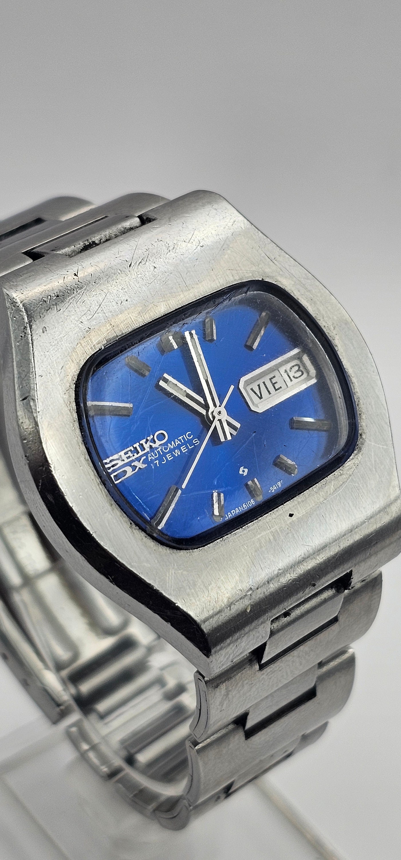 Vintage Seiko DX Automatic 17 Jewel TV Deep Sea Blue Dial Wristwatch C ...