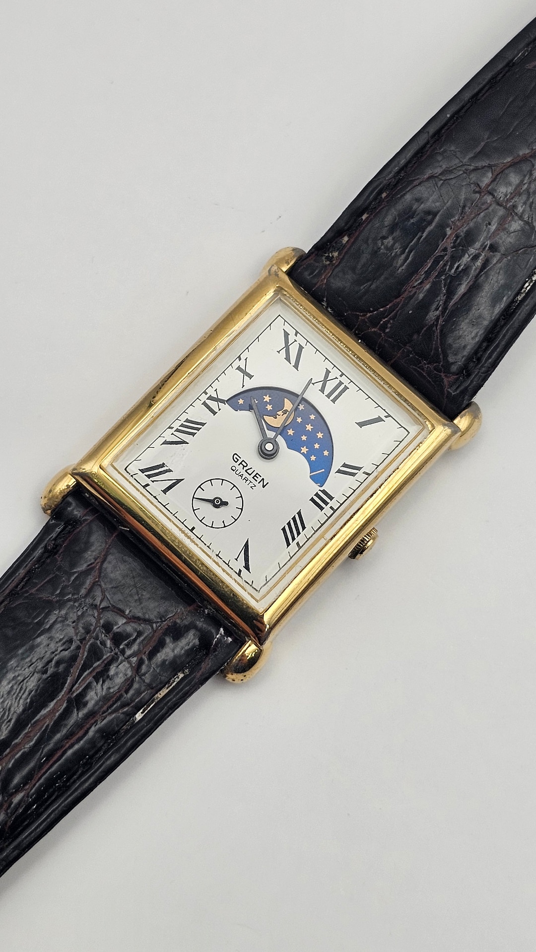 Vintage Gruen Moon Phase Tank Watch With Subseconds Quartz Movement - Etsy