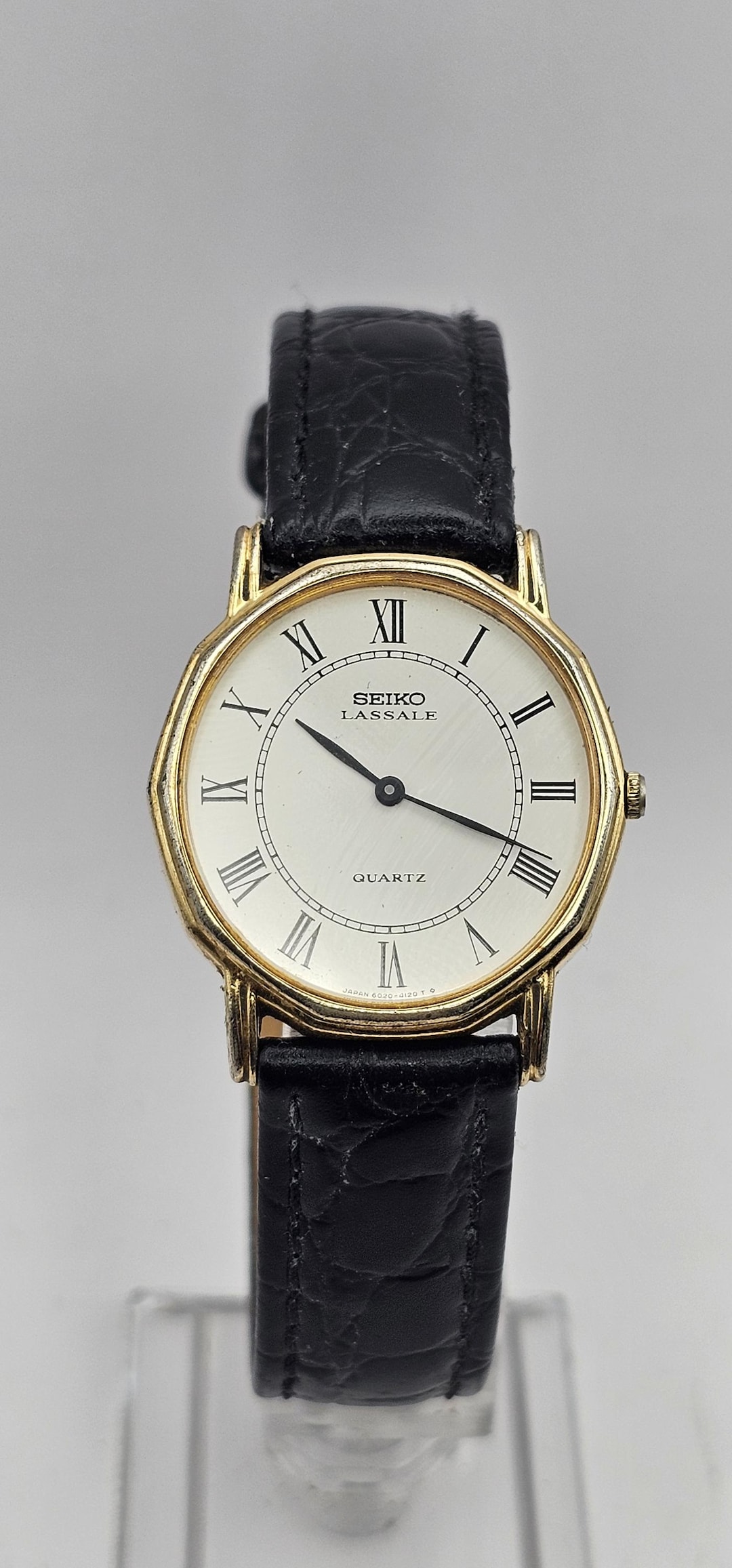 Rare Seiko Lasalle Mens Vintage Quartz Watch - Gold Tone Roman Numerals White Dial, Leather ...