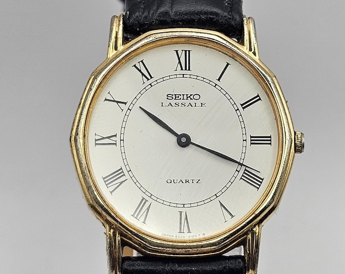 Rare Seiko Lasalle Mens Vintage Quartz Watch - Gold Tone Roman Numerals White Dial, Leather ...