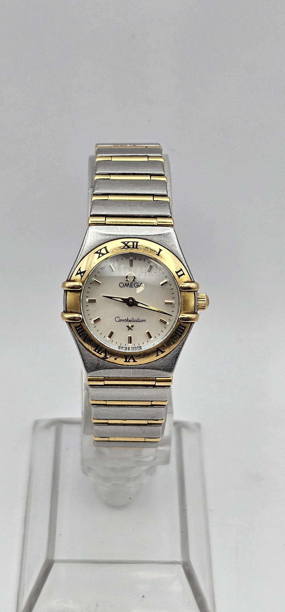Fabulous Omega Constellation 795.1203 Full Bar MOP 18k Yellow Gold Steel 23MM Lady Quartz ...