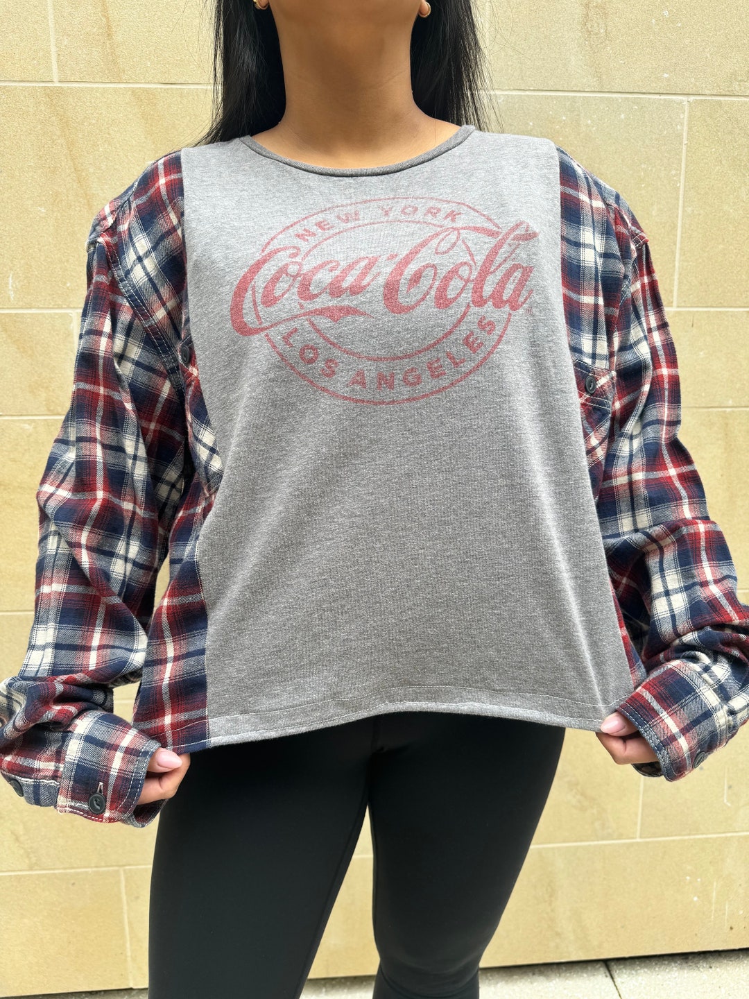 Coca Cola Reworked Crew Neck Long Sleeve Tee With Flannel Sleeves. - Etsy