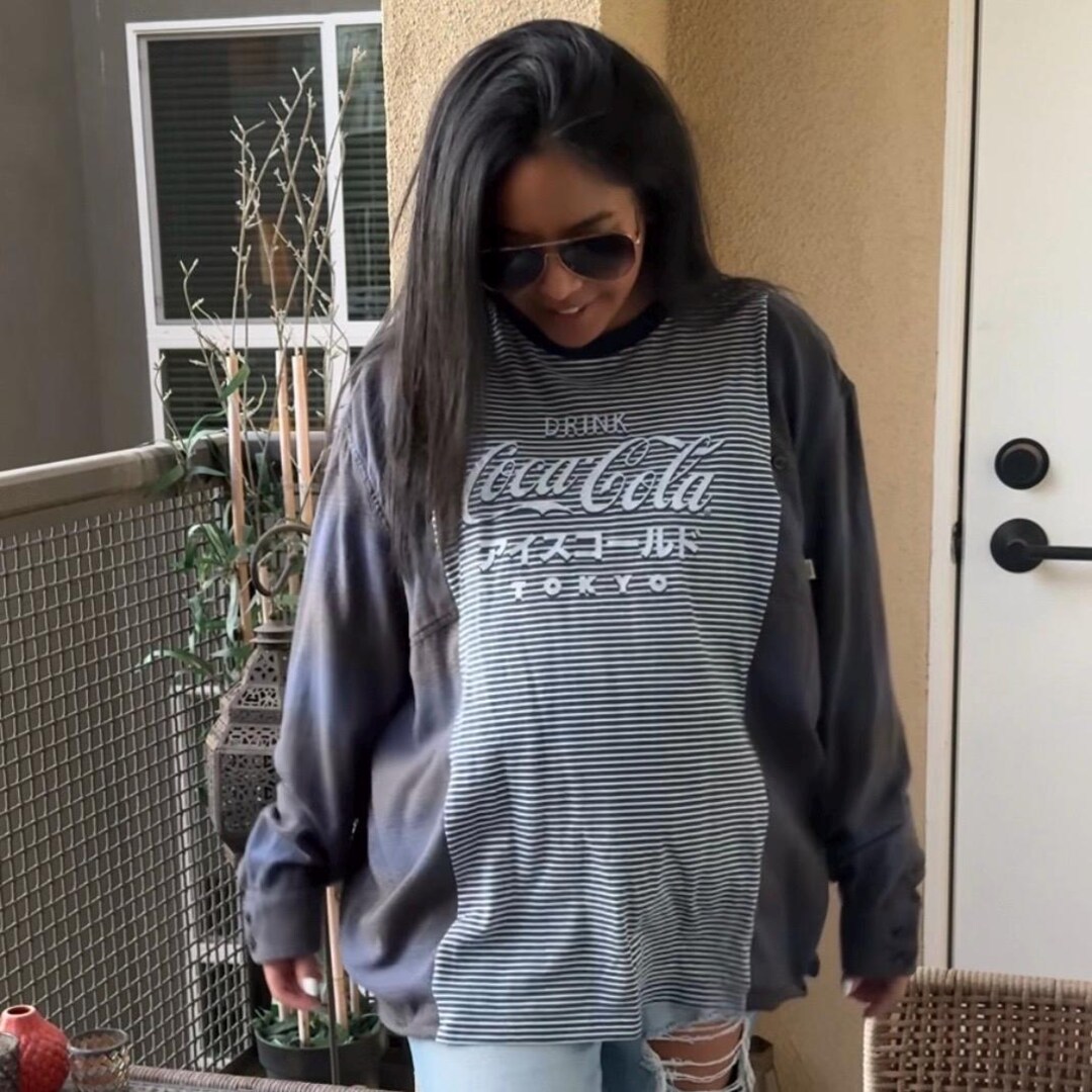 Coca Cola Japan Blue Reworked Crew Neck Long Sleeve Tee With Flannel ...