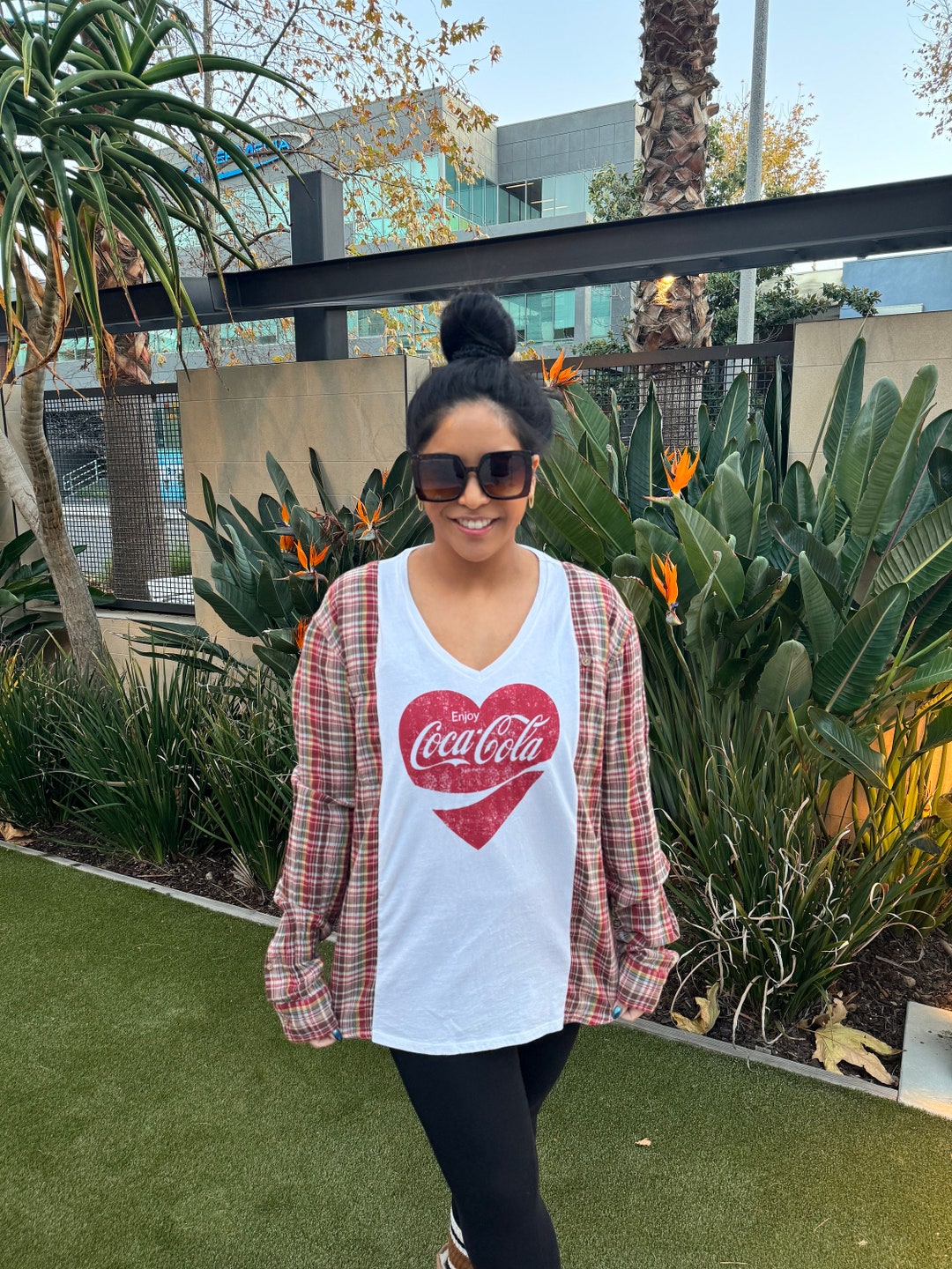 Coca Cola Reworked V-neck Long Sleeve Tee With Flannel Sleeves. - Etsy