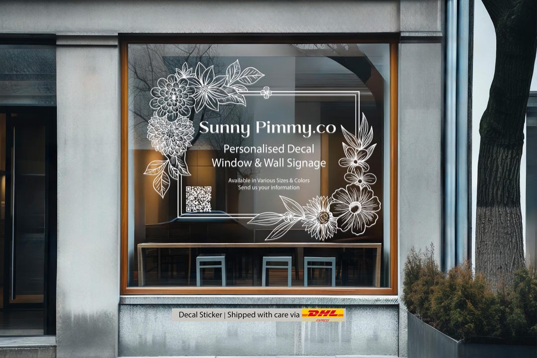 Floral Frame Decal With QR Code, Business Name Vinyl Sticker for ...