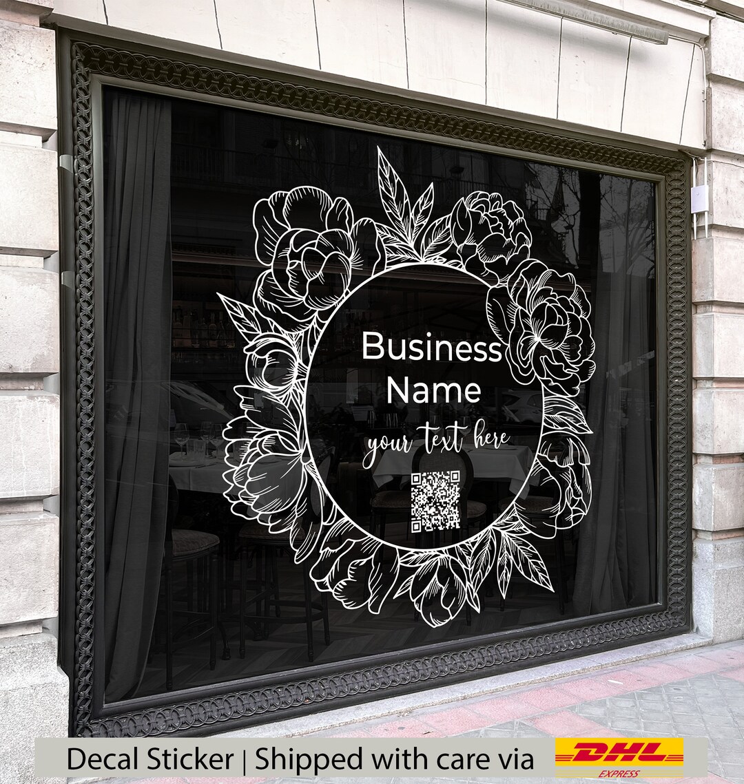 Peony Blossom Floral Wreath Shop Decal Custom Business Name Vinyl ...