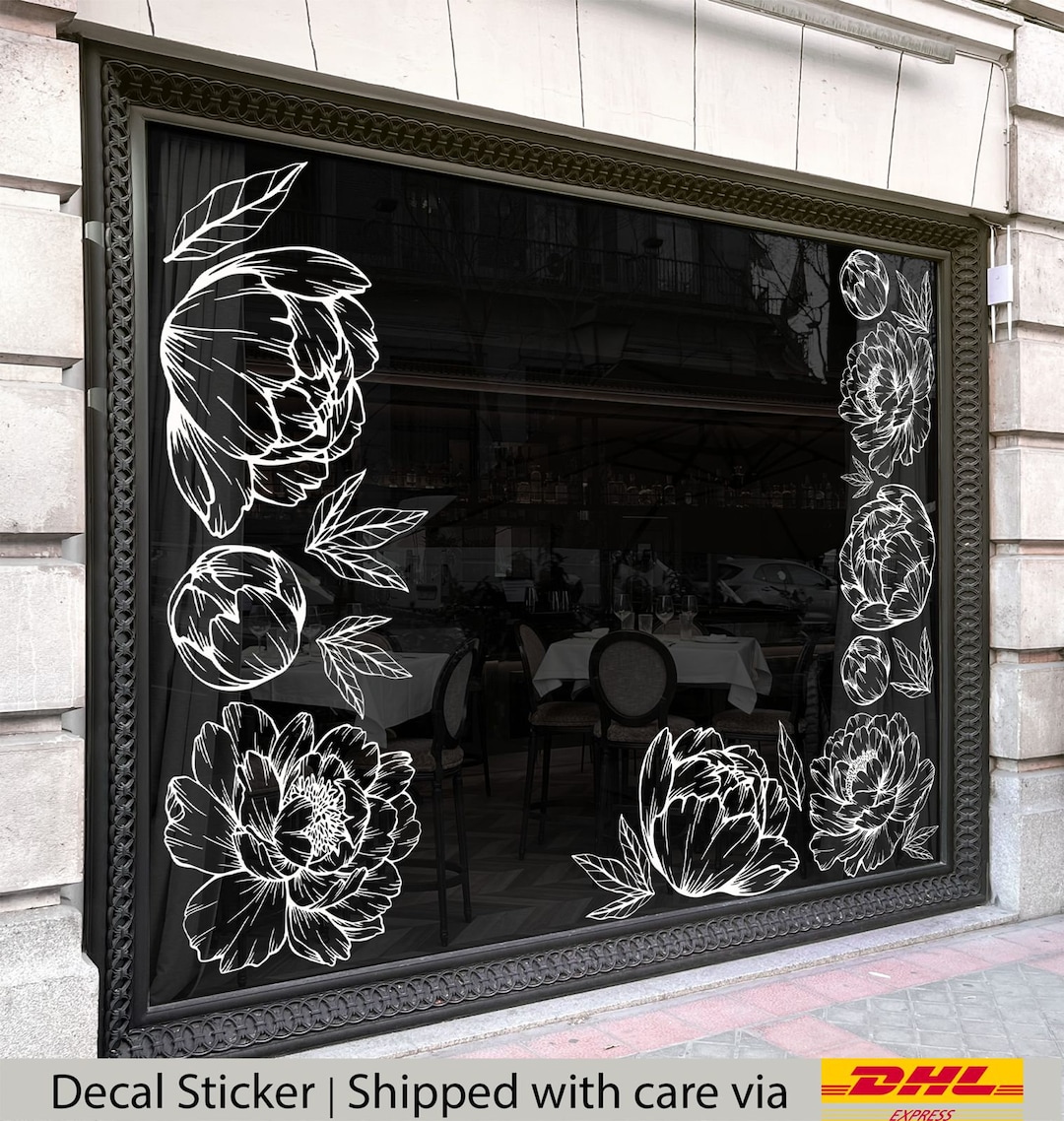 Peony Flower Decal for Shop Window Showcase, Large Flower Outline Decal ...
