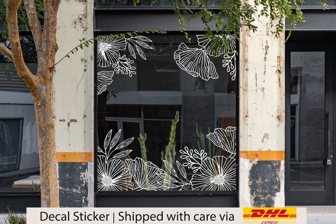 Romantic Floral Wall Window Decals - Contour Line Art, Spring & Summer ...