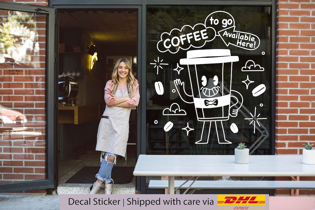 Large Coffee to Go Mascot Decals Cafe Decor, Beautiful Coffee Icon for ...