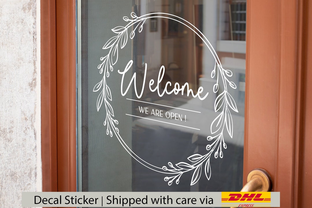 Chic Botanical Welcome Decal Elegant Leaf Wreath Vinyl Window Sticker ...