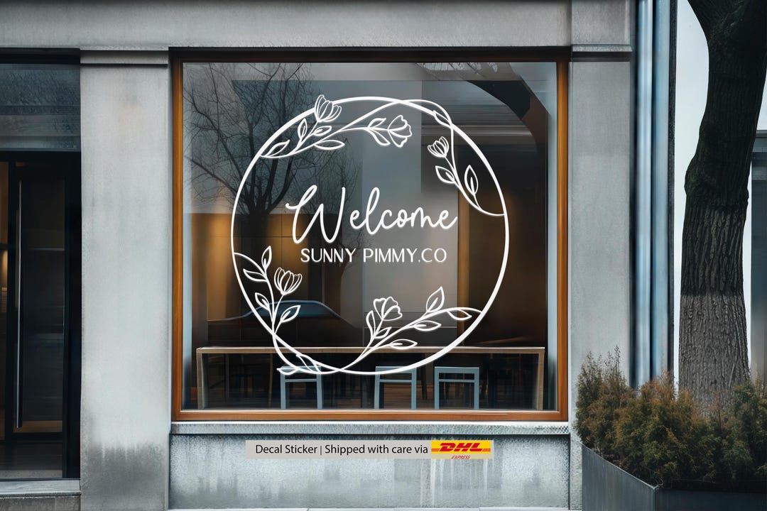 Customised Text Round Floral Leaves Wreath Window Decor Vinyl Decals ...