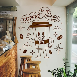 Large Coffee to Go Mascot Decals Cafe Decor, Beautiful Coffee Icon for ...