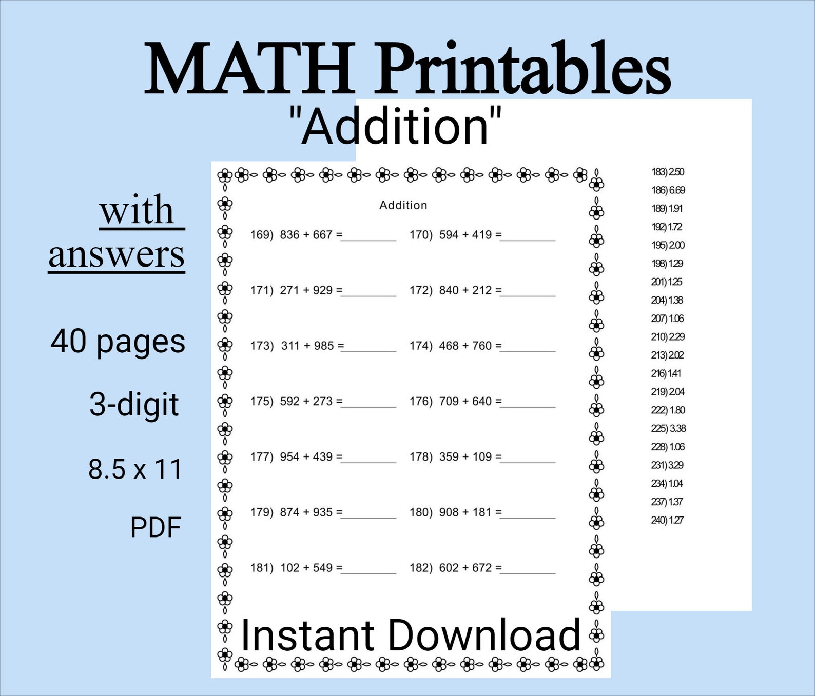 Math Addition With Solutions, Math Printables, Math4kids, Homeschool ...
