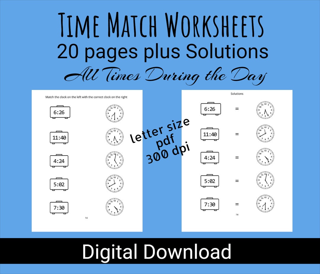 Time Match Worksheets, Digital Download, Tell Time, Game, Clock, Home ...